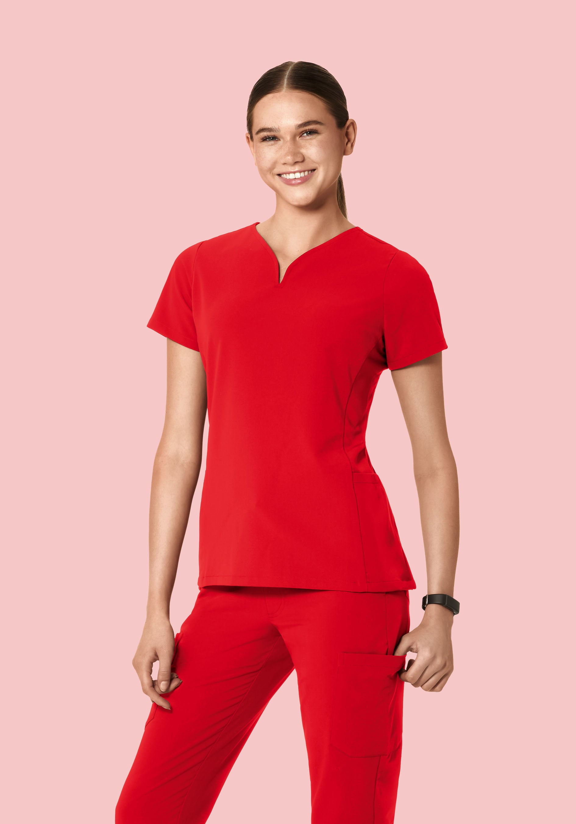 Women's Curved V-Neck Scrub Top - Candy Red | Mandala Scrubs
