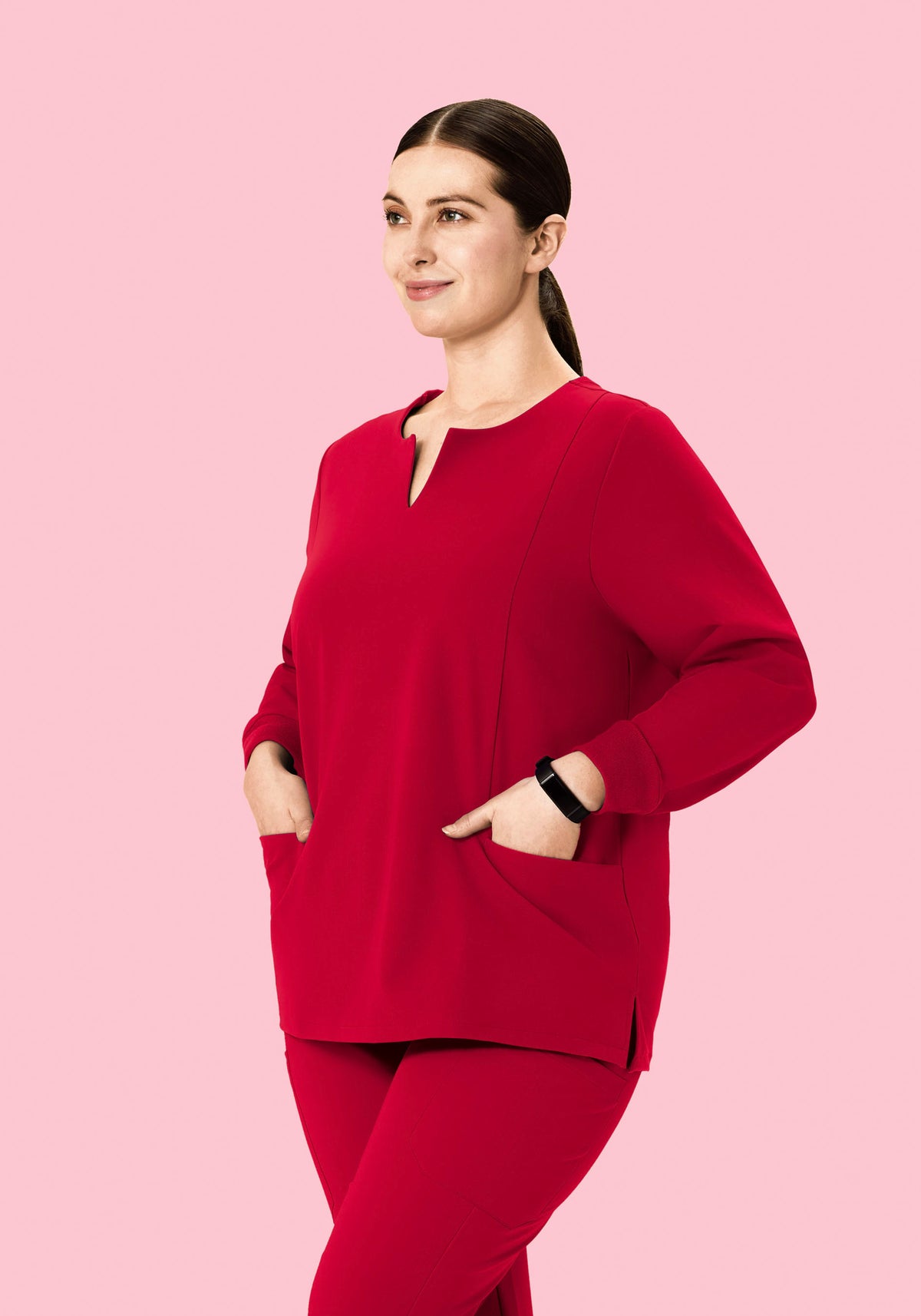 Women's Long Sleeve Notch Neck Scrub Top - Crimson | Mandala Scrubs