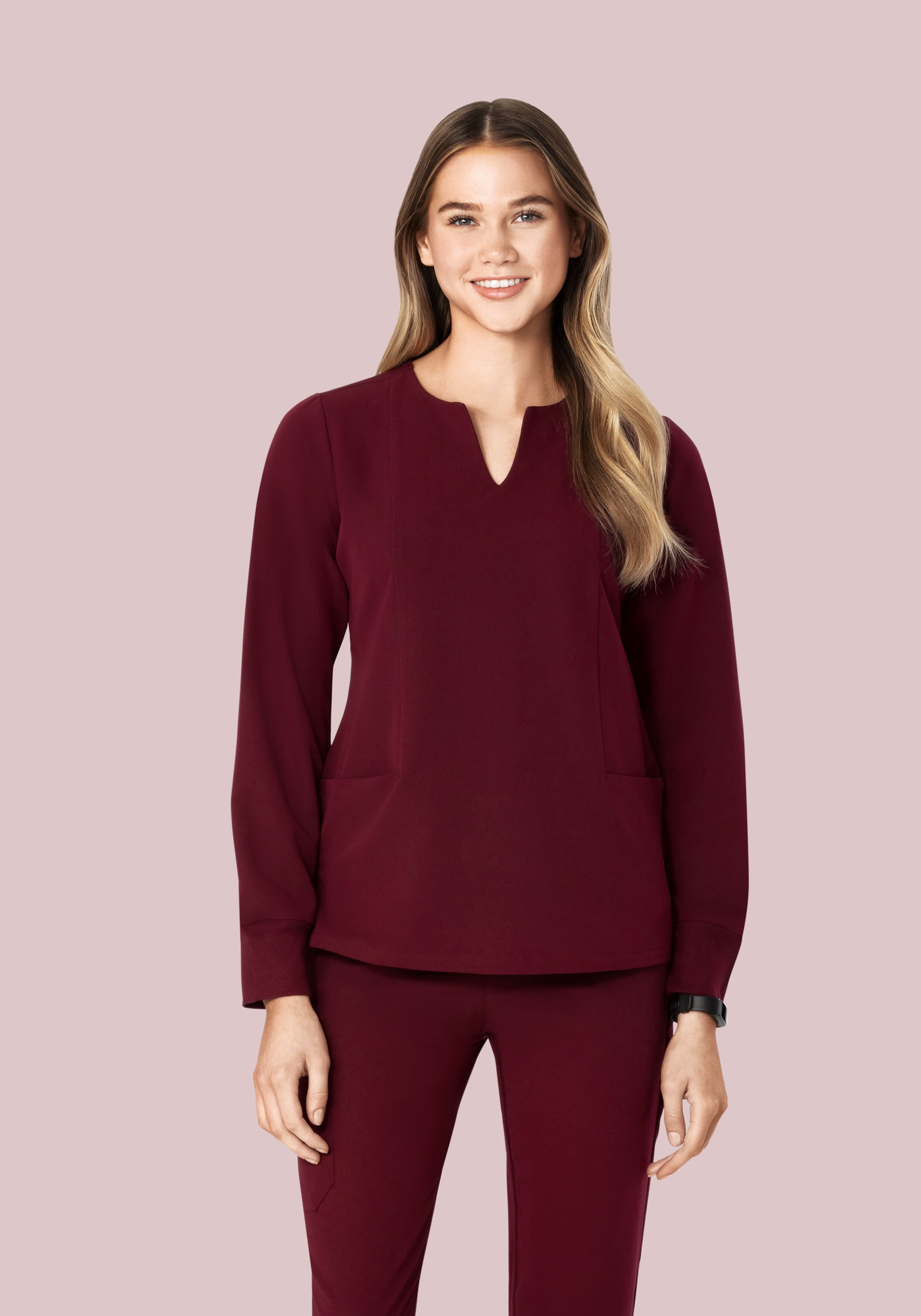 Long Sleeve Notch Neck Top Wine – Mandala Scrubs