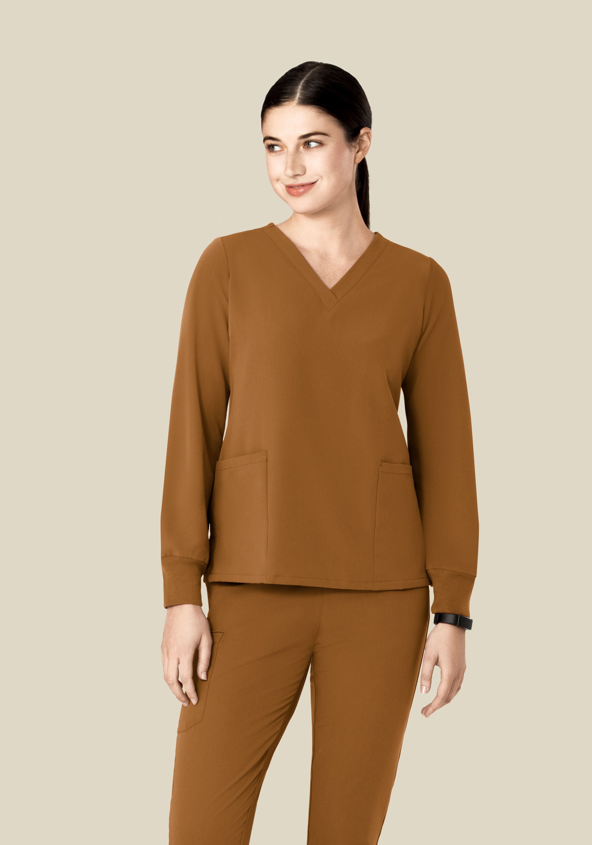 Women's Long Sleeve V-Neck 6-Pocket Scrub Top - Camel | Mandala Scrubs