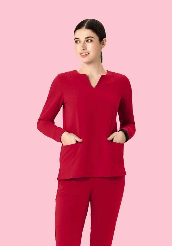 Women's Long Sleeve Notch Neck Scrub Top - Crimson | Mandala Scrubs
