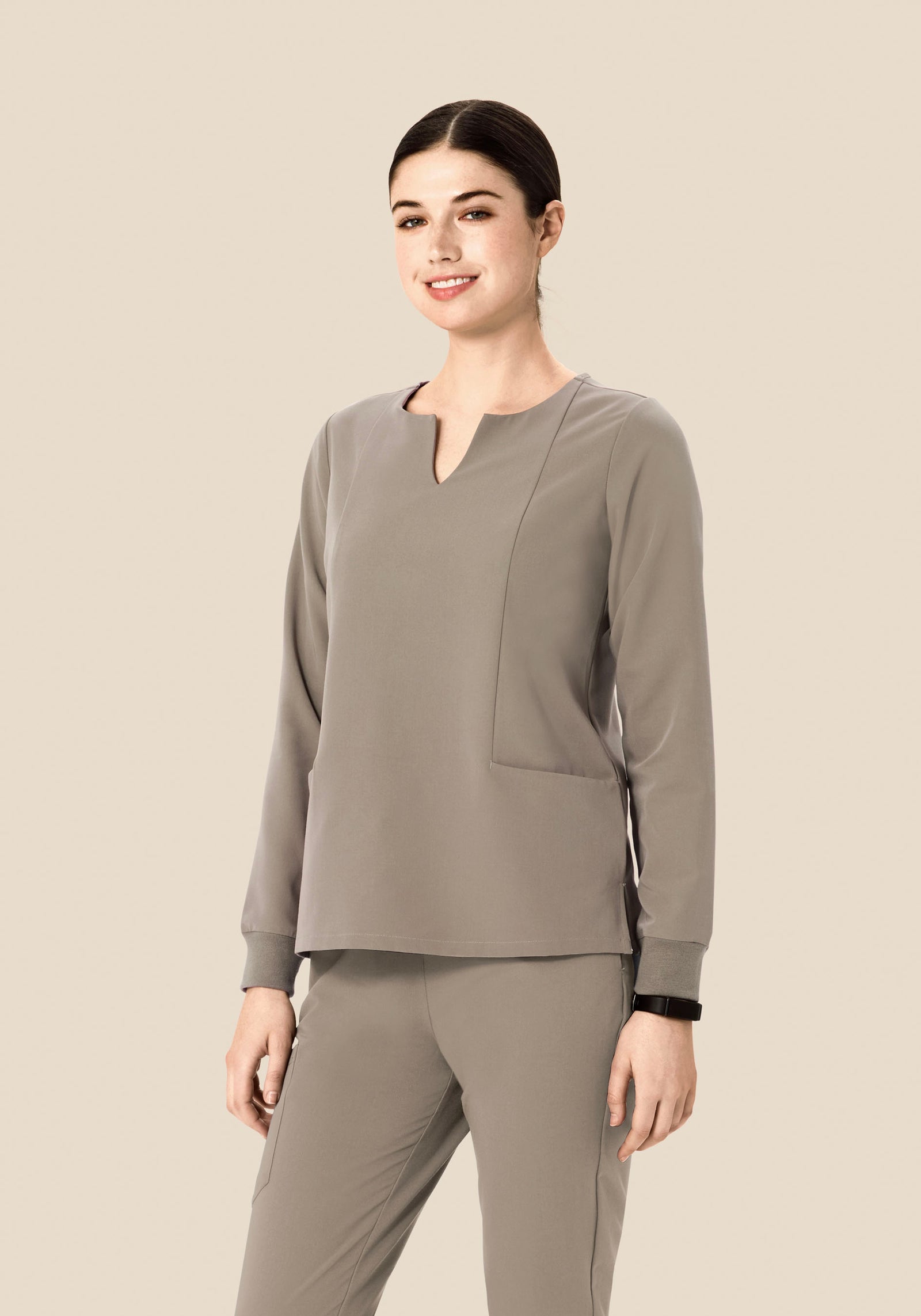 Women's Long Sleeve Notch Neck Scrub Top - Macchiato | Mandala Scrubs