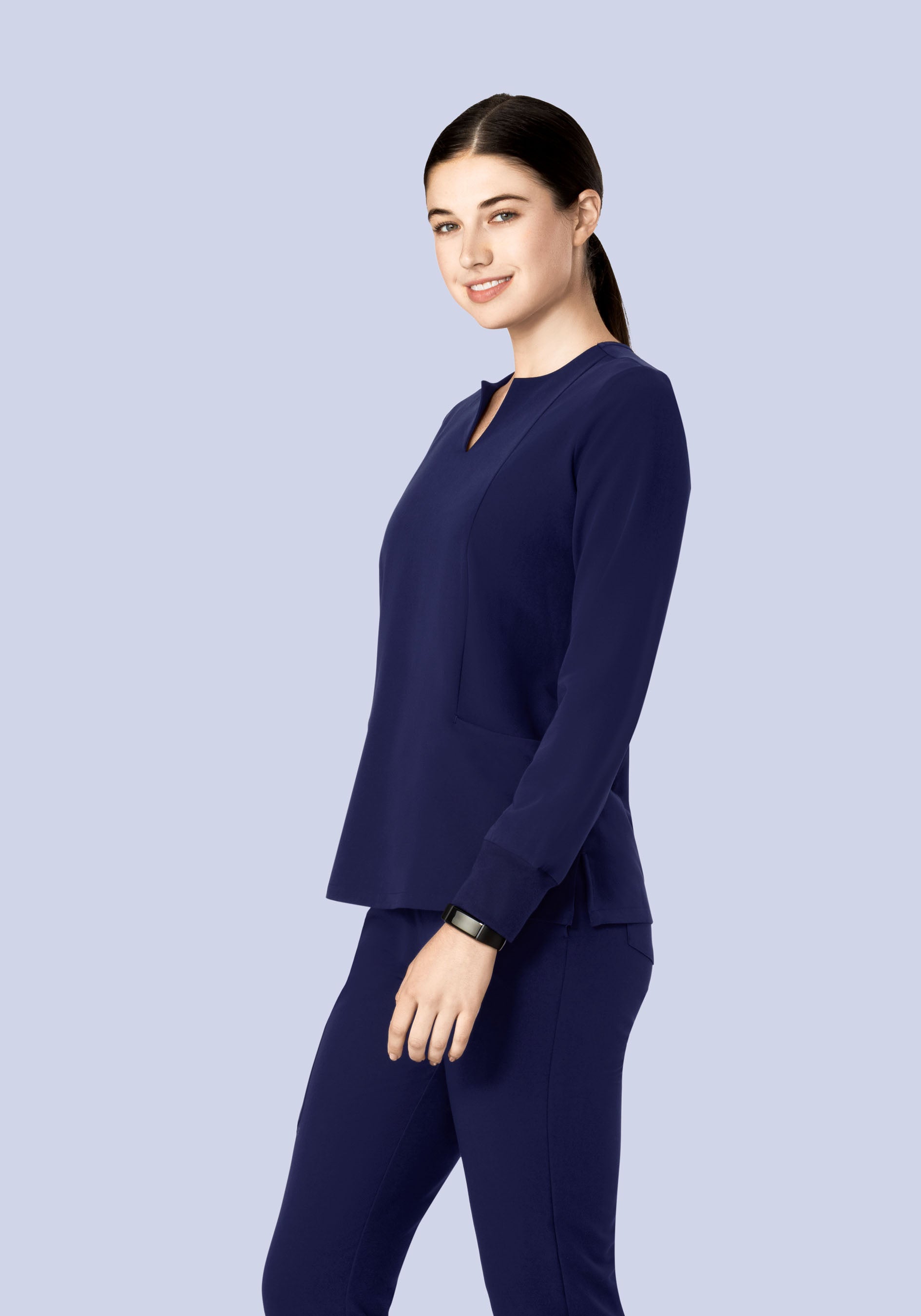 Long Sleeve Notch Neck Top Navy – Mandala Scrubs