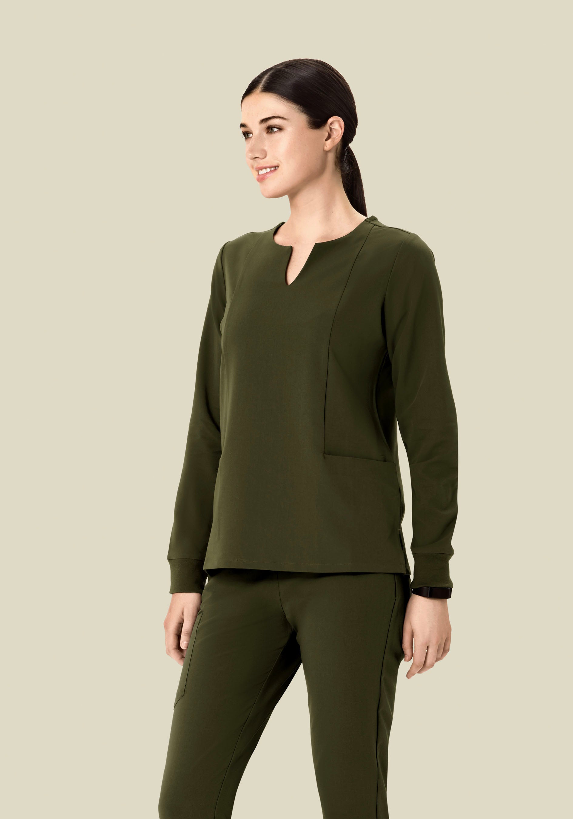 Long Sleeve Notch Neck Top Olive – Mandala Scrubs