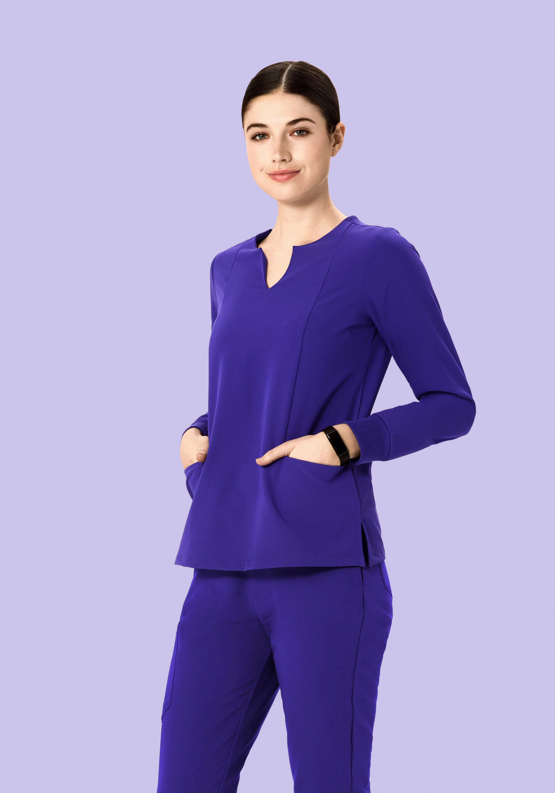 Women's Long Sleeve Notch Neck Scrub Top - True Grape | Mandala Scrubs