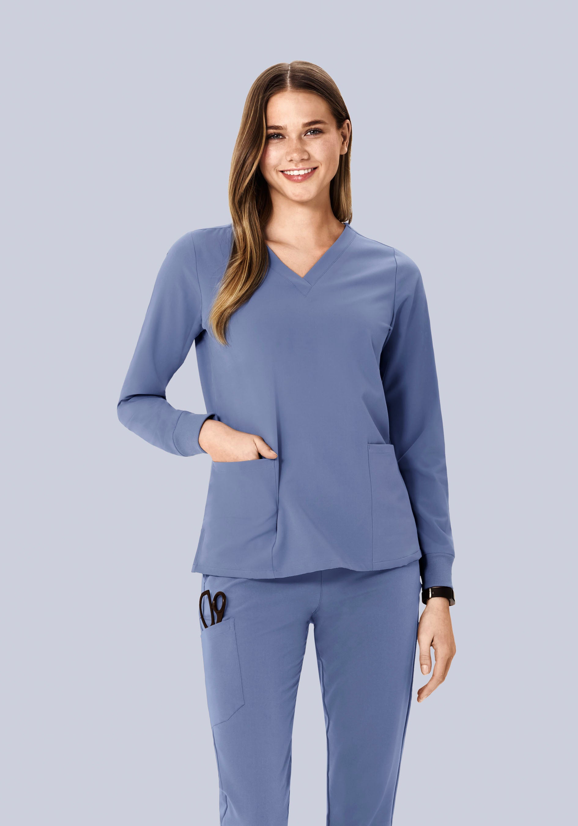 Long Sleeve 6 Pocket Top Periwinkle – Mandala Scrubs