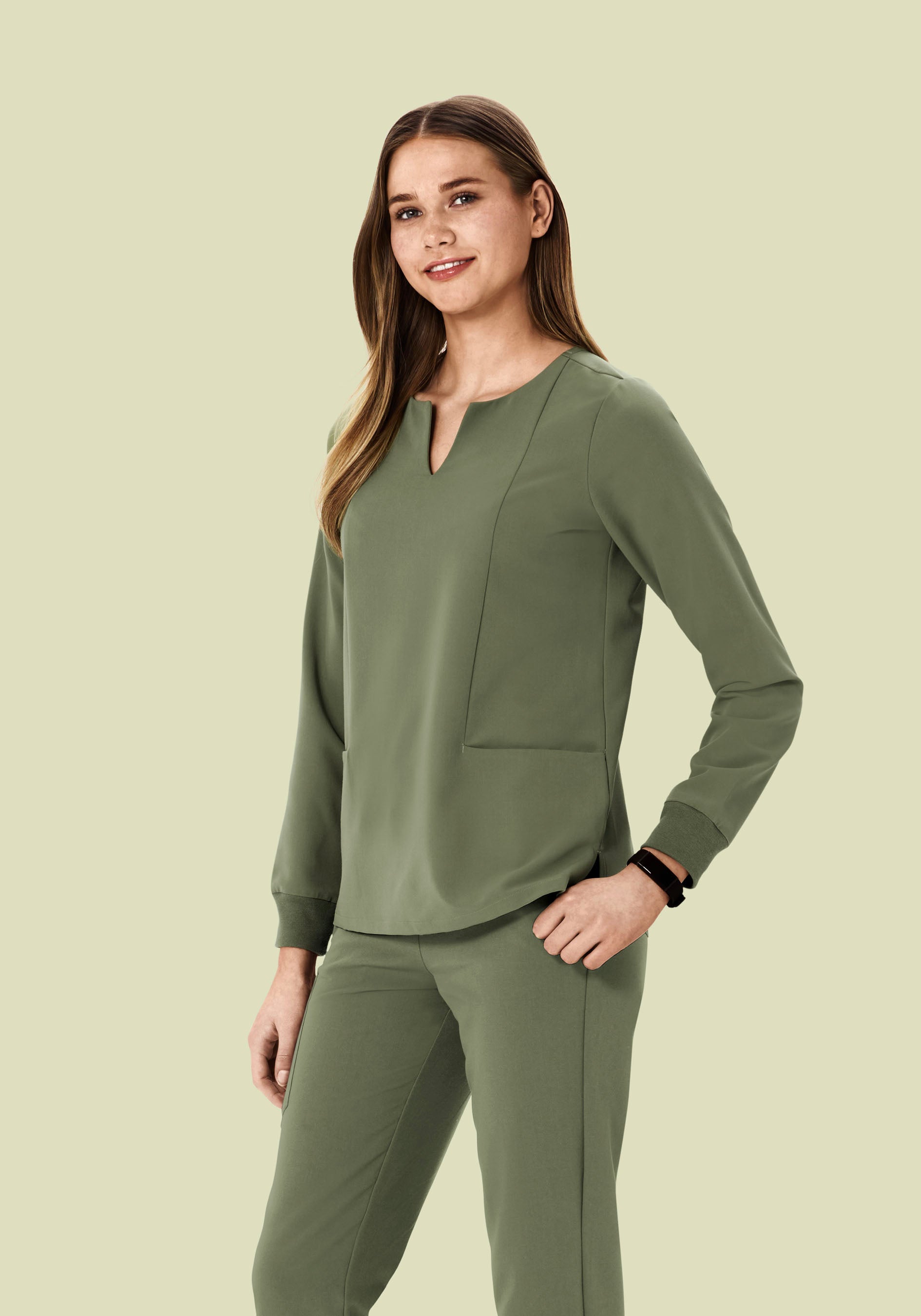 Women's Long Sleeve Notch Neck Scrub Top - Sage | Mandala Scrubs