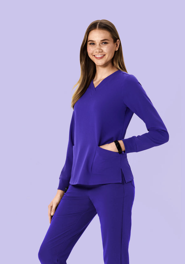 Women's Long Sleeve V-Neck 6-Pocket Scrub Top - True Grape | Mandala Scrubs