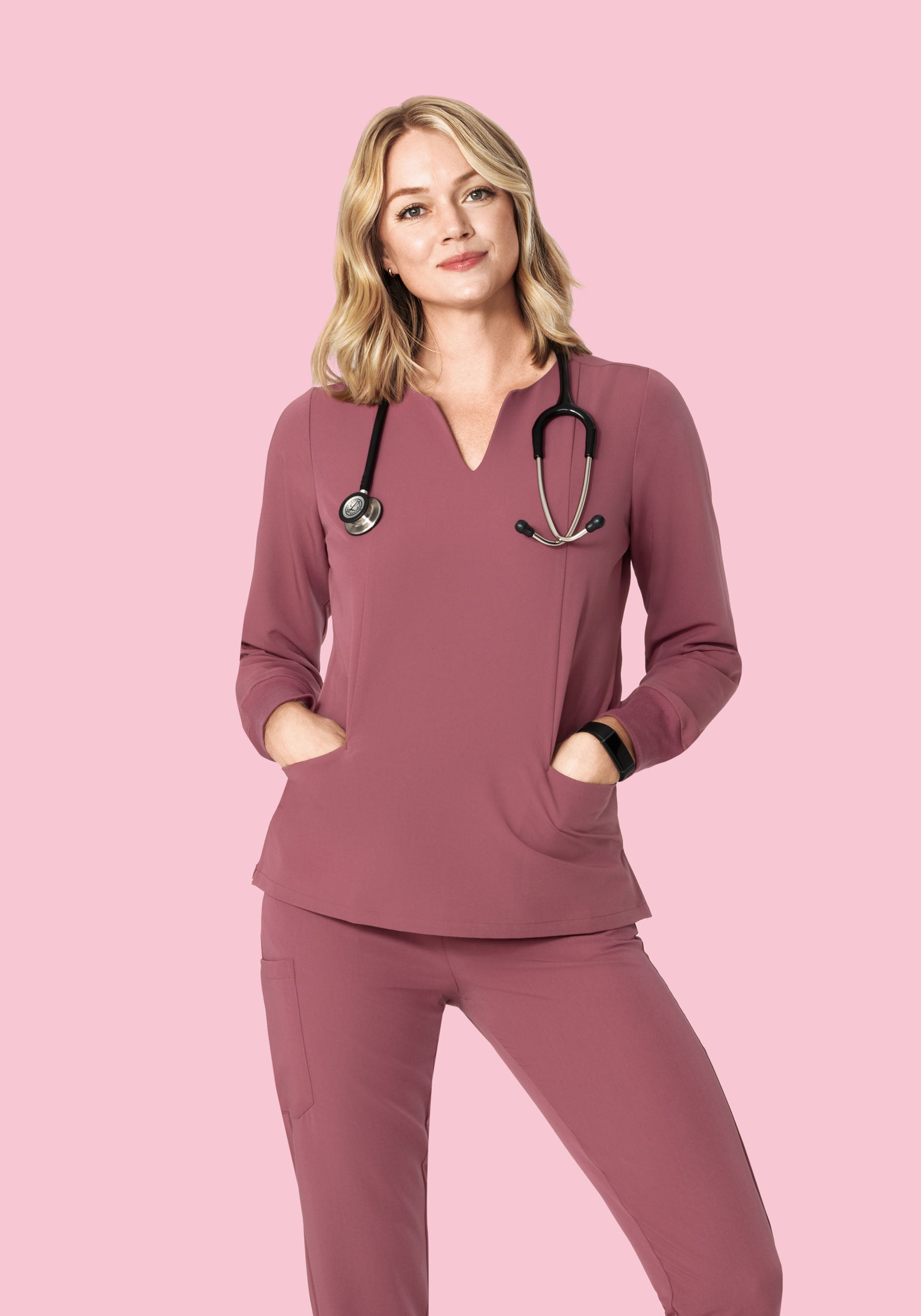 Long Sleeve Notch Neck Top Mauve – Mandala Scrubs