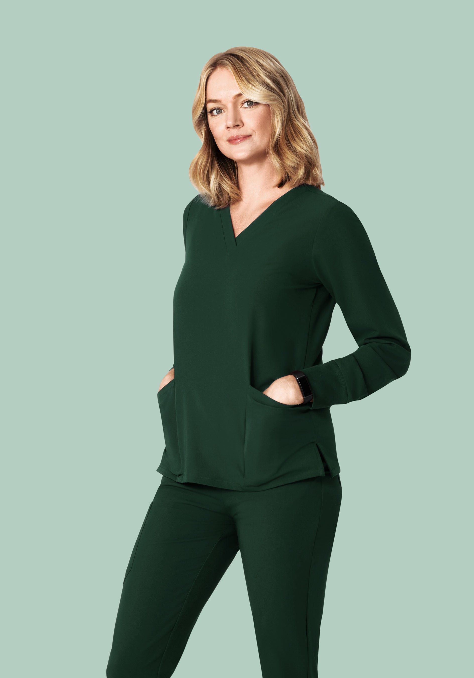 Long Sleeve 6 Pocket Top Midnight Green – Mandala Scrubs