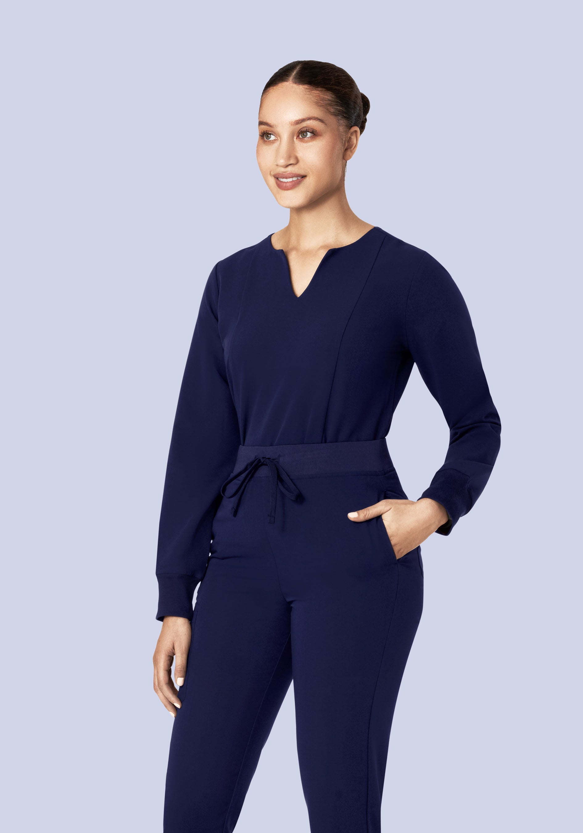 Long Sleeve Notch Neck Top Navy – Mandala Scrubs