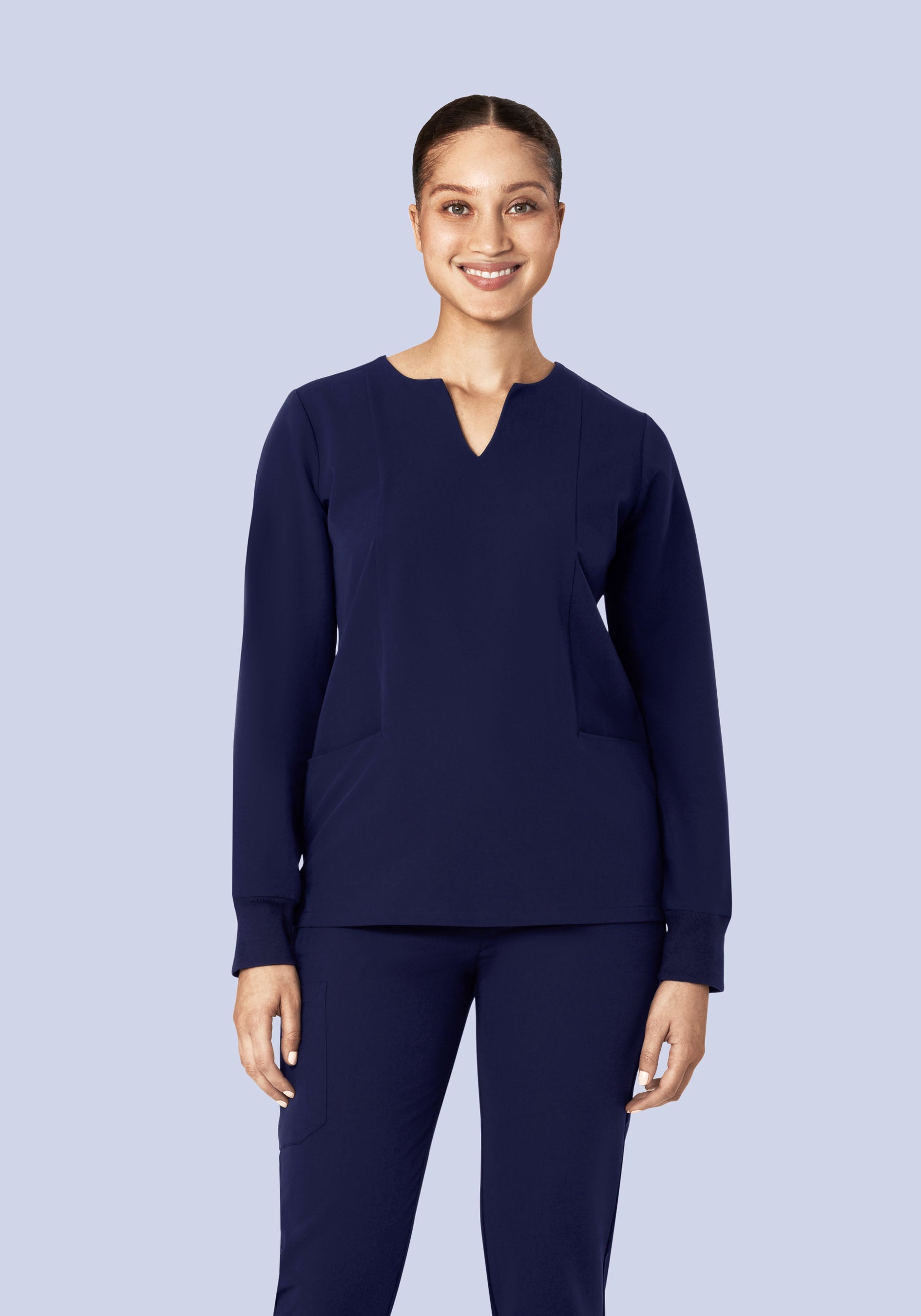 Long Sleeve Notch Neck Top Navy – Mandala Scrubs