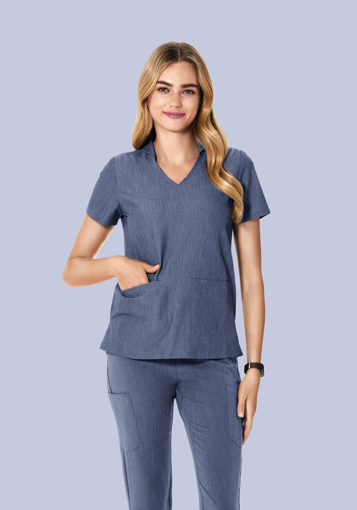 Women's Multi-Wear Collar Scrub Top - Heather Denim | Mandala Scrubs