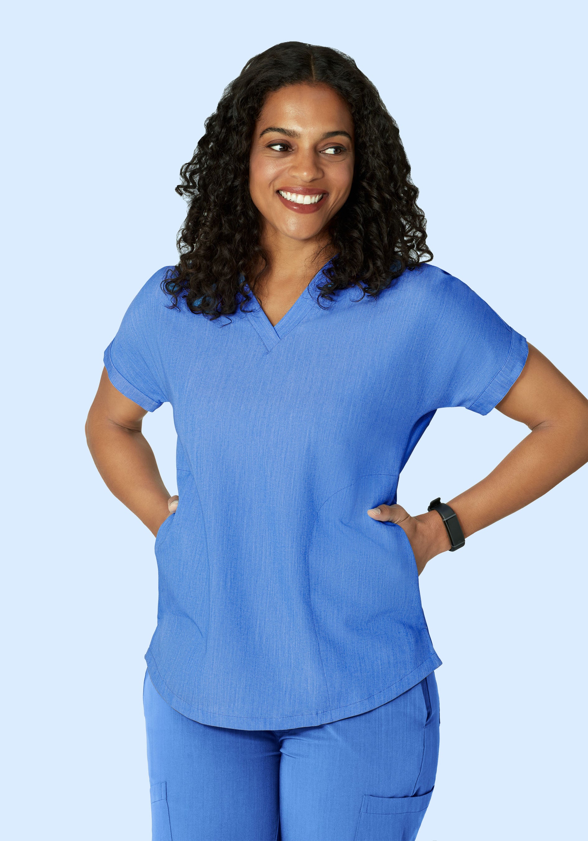 Women's Oversized V-Neck Scrub Top - Heather Blue | Mandala Scrubs