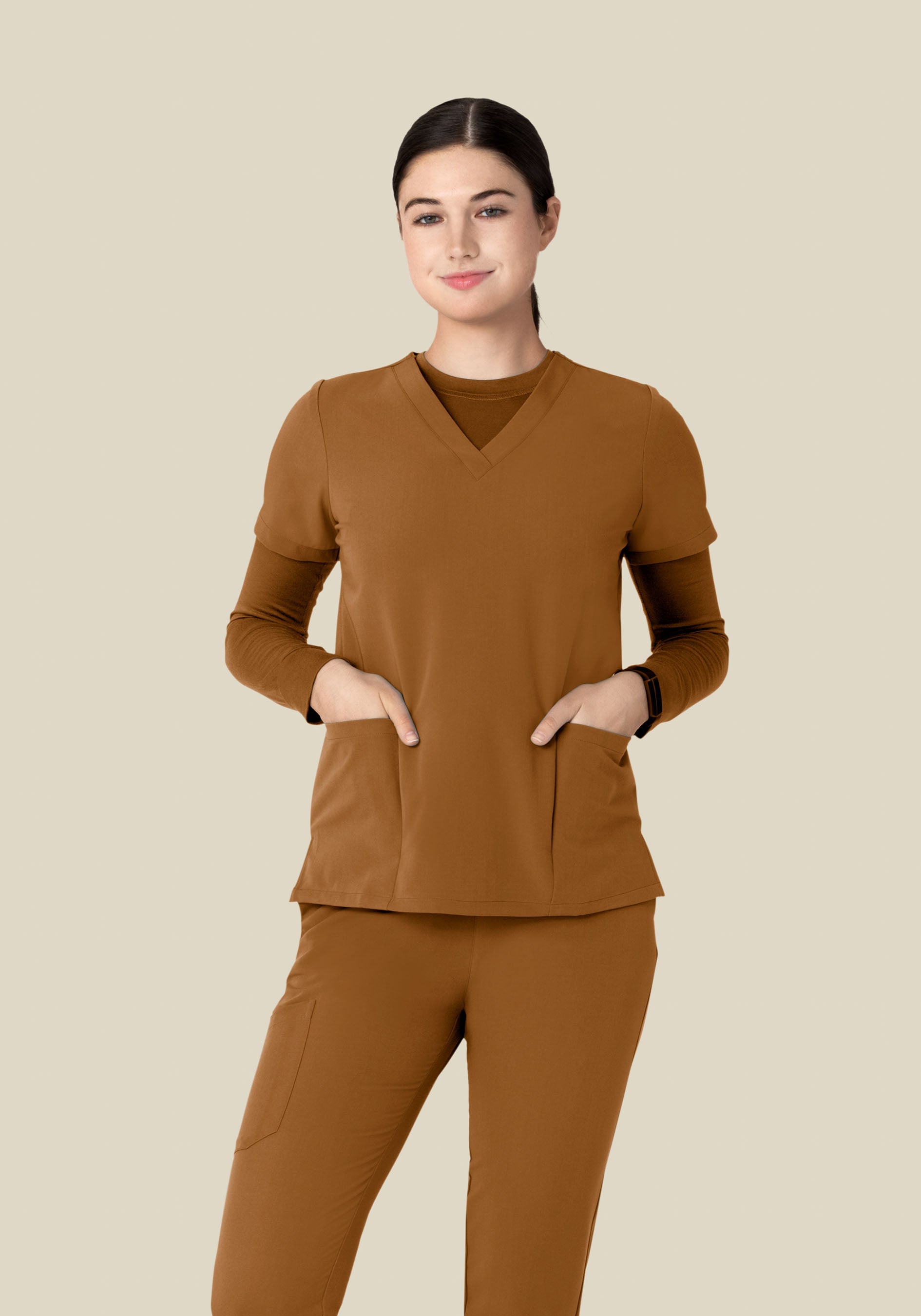 Women's V-Neck 6-Pocket Scrub Top - Camel | Mandala Scrubs