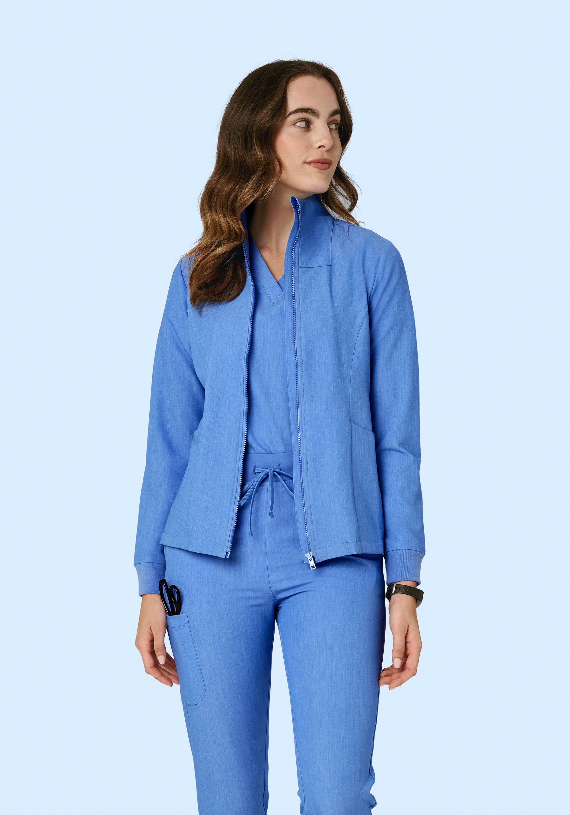 Women's Modern Scrub Jacket Heather Blue – Mandala Scrubs