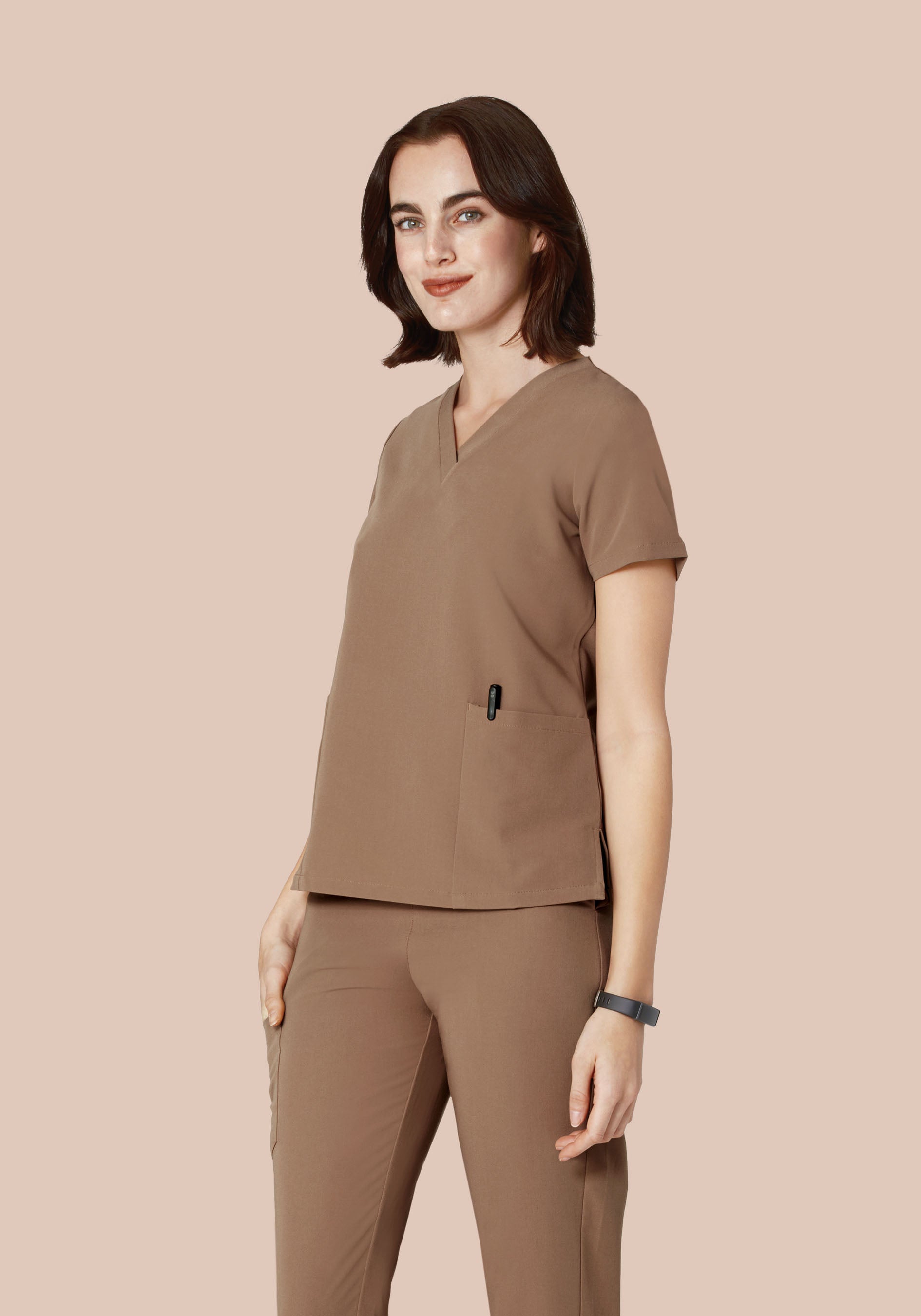 Women's V-Neck 6-Pocket Scrub Top - Mocha | Mandala Scrubs