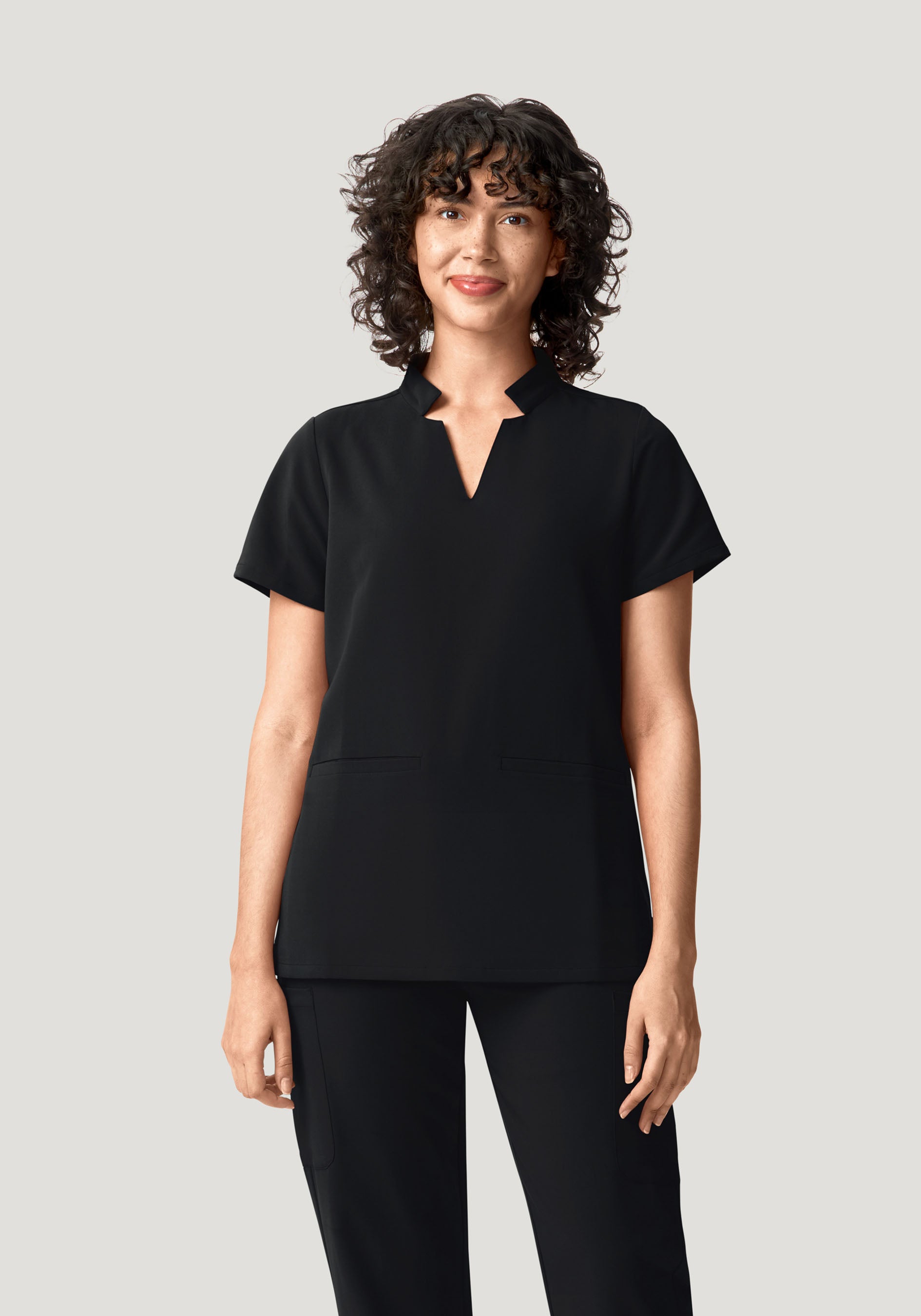 Women's Stand Collar Notch Neck Scrub Top - Black | Mandala Scrubs