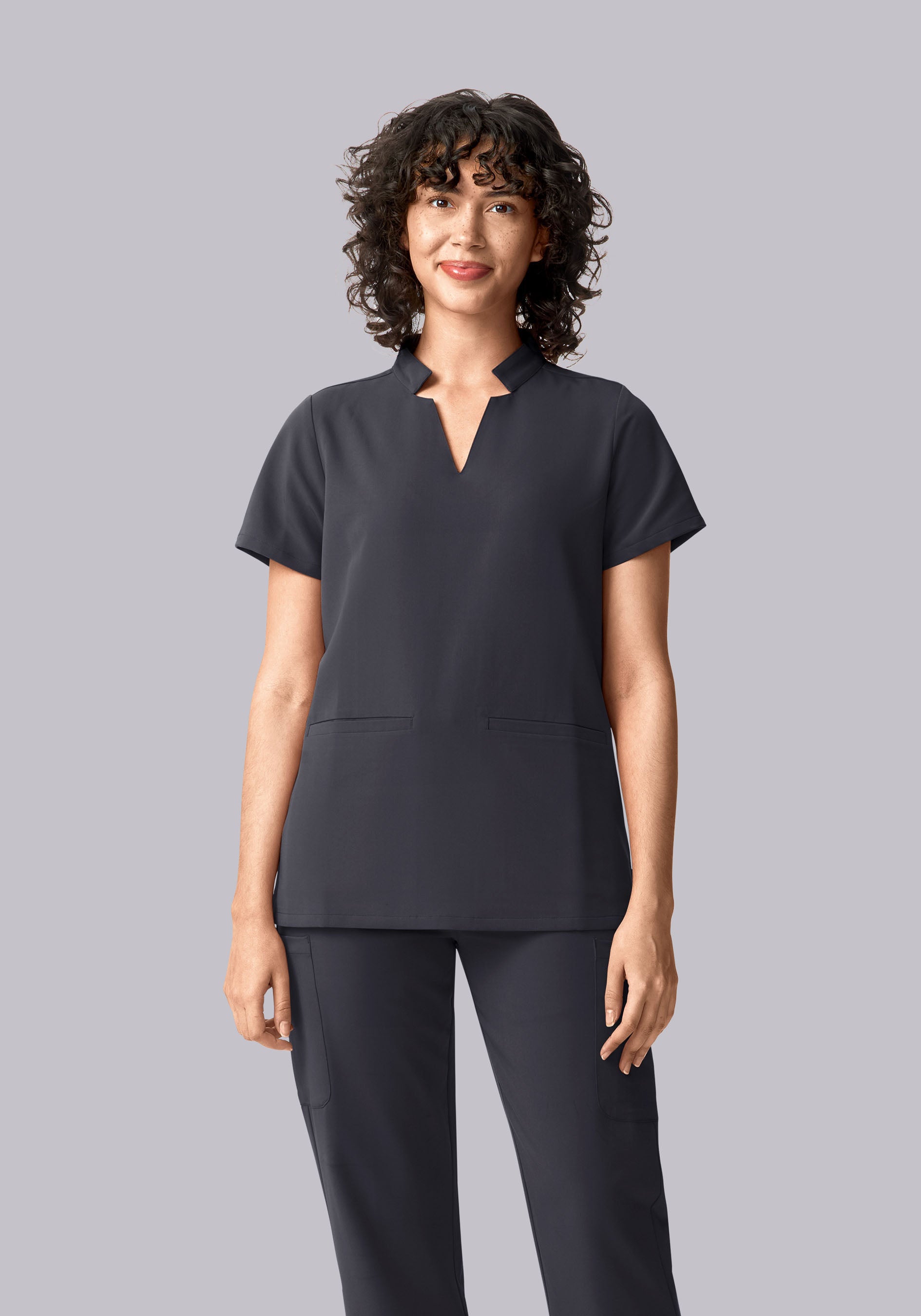 Women's Stand Collar Notch Neck Top - Pewter | Mandala Scrubs