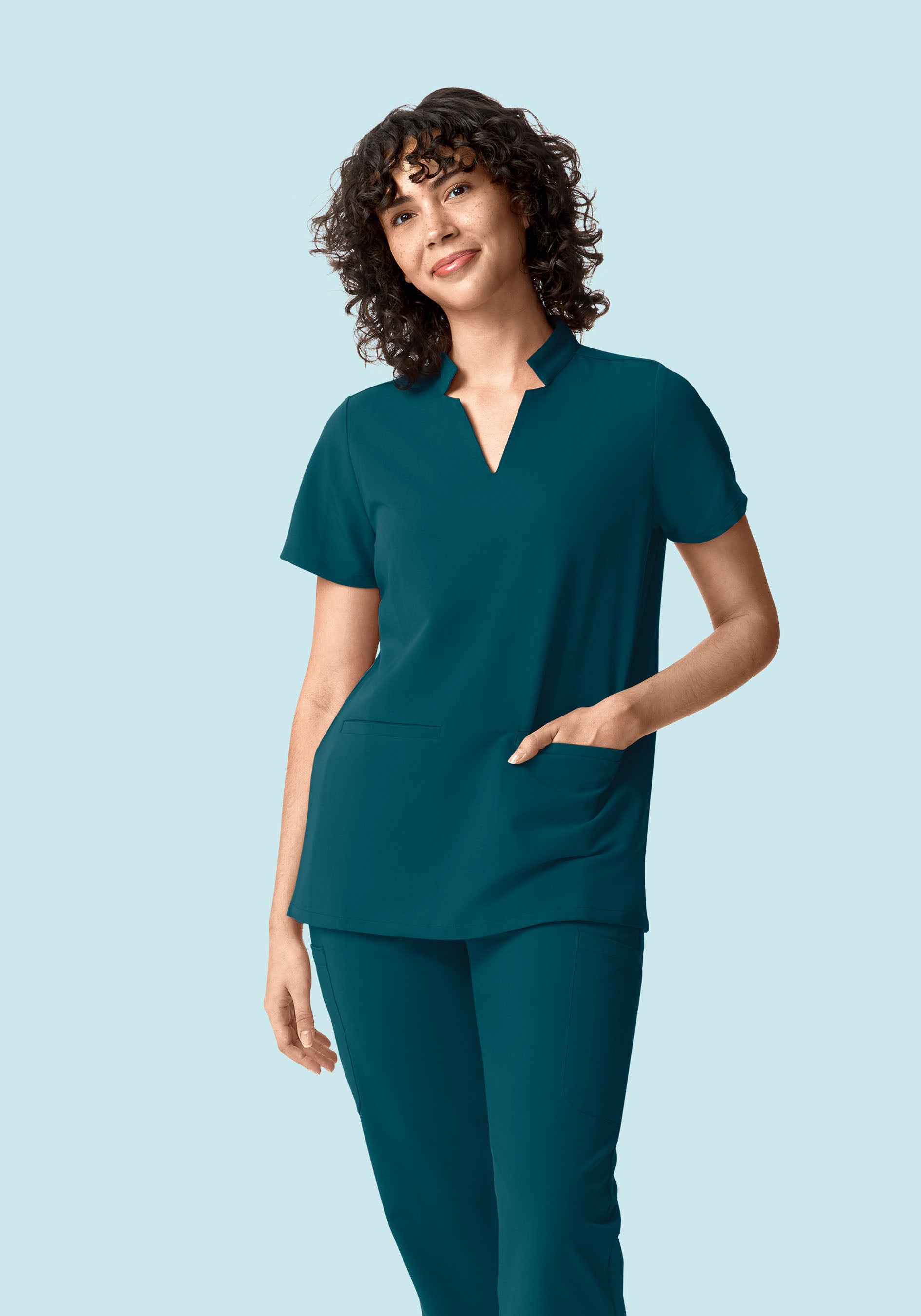 Women's Stand Collar Notch Neck Scrub Top - Caribbean Blue | Mandala Scrubs