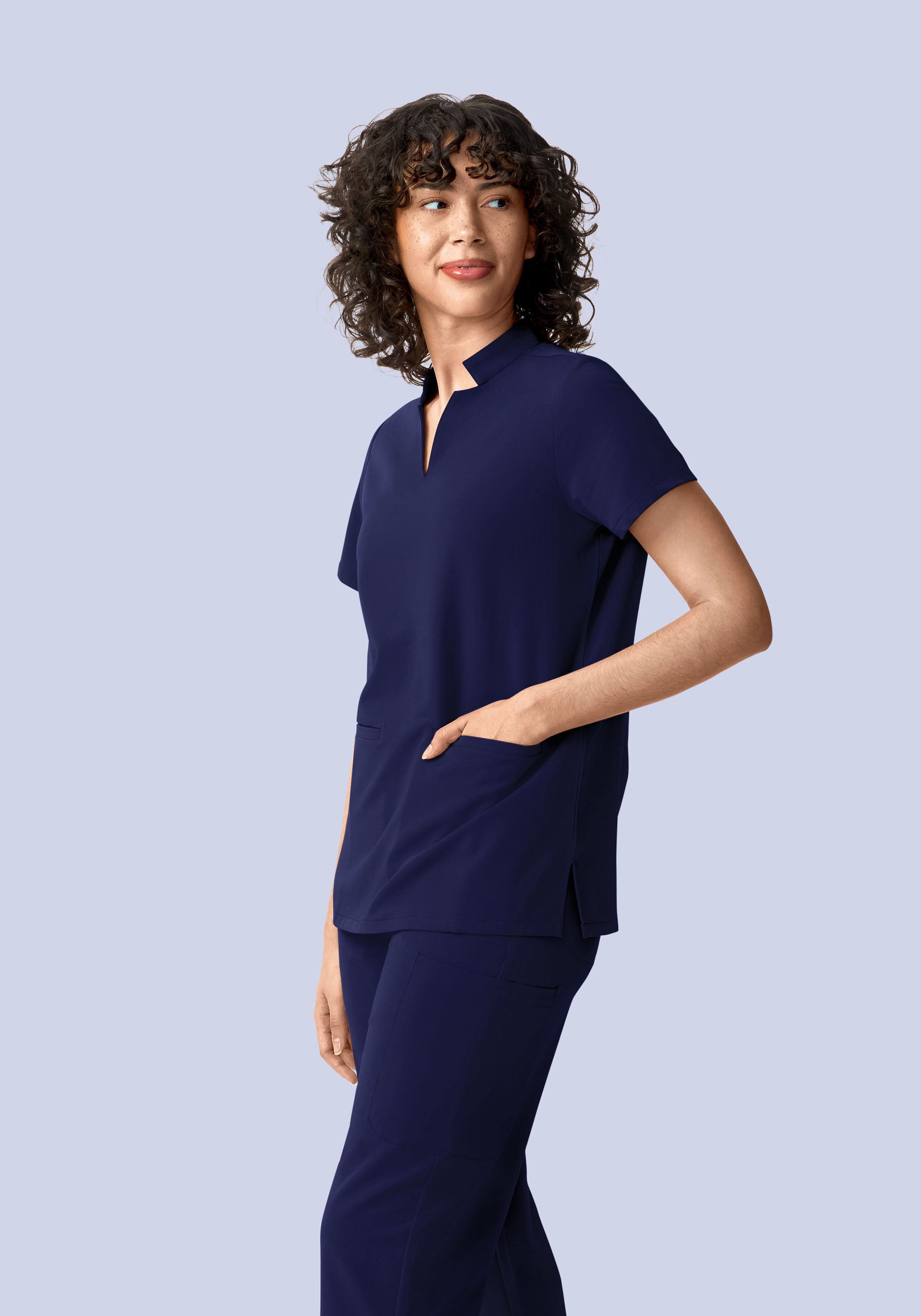 Stand Collar Notch Neck Top Navy