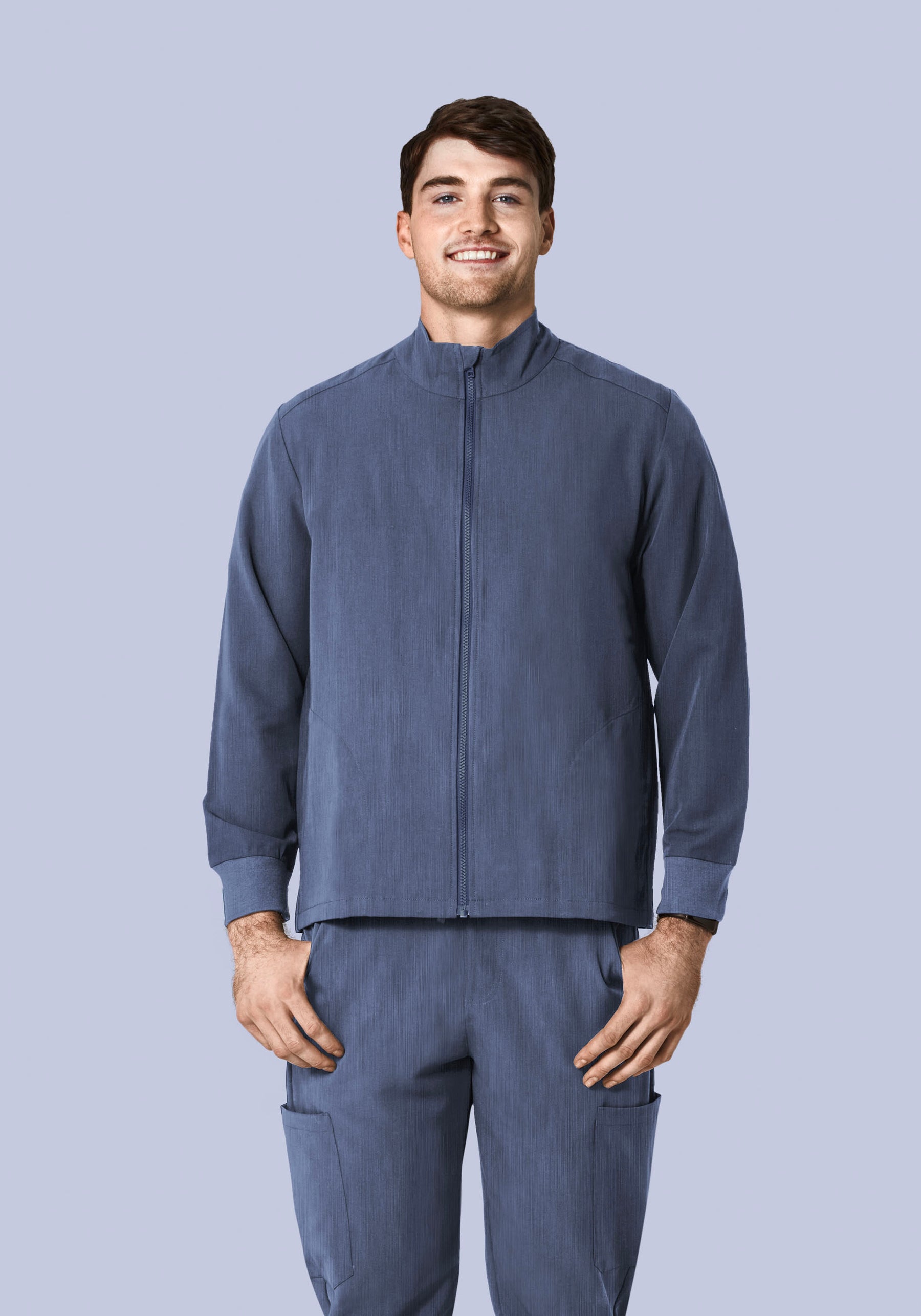 Men's Mock Neck Scrub Jacket - Heather Denim | Mandala Scrubs