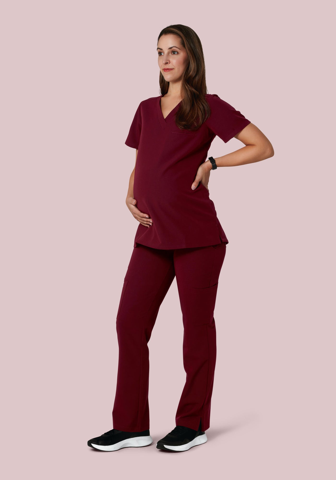 Women's Maternity V-Neck Scrub Top - Wine | Mandala Scrubs