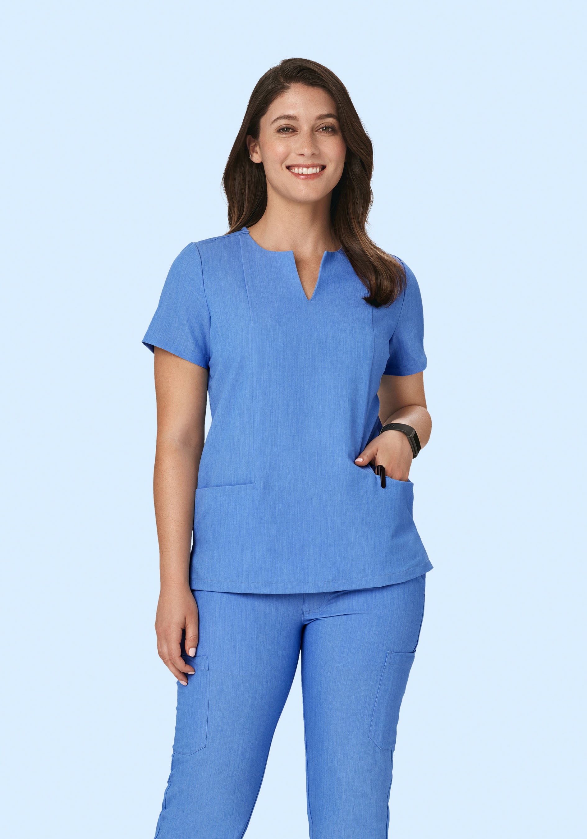 Women's Notch Neck Scrub Top - Heather Blue | Mandala Scrubs